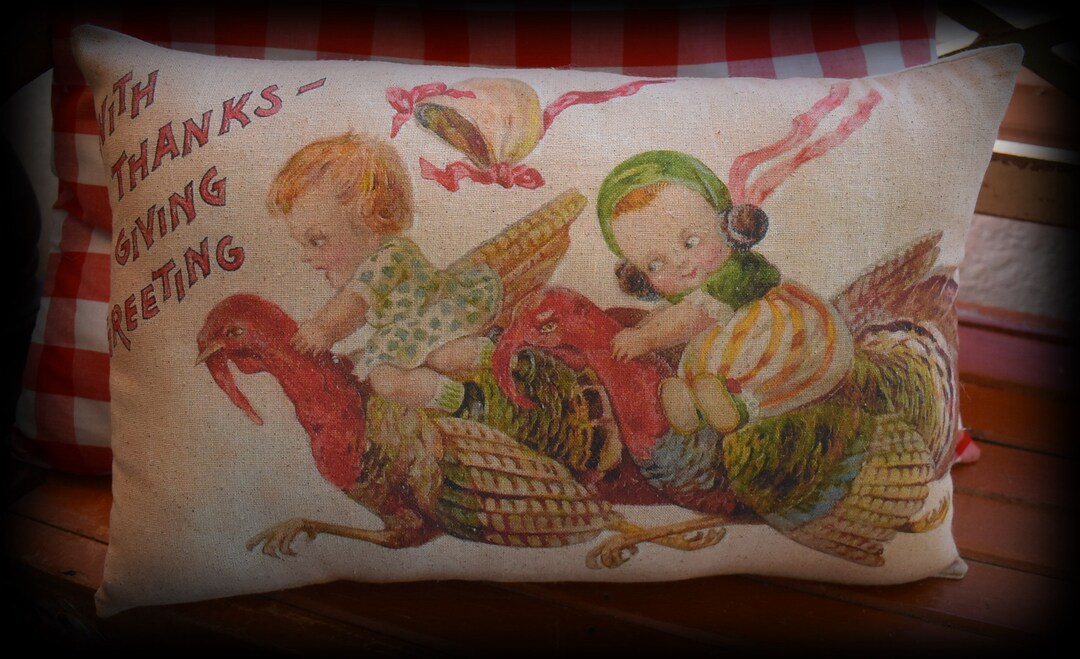 Primitive Happy Thanksgiving Throw Pillow Girls Racing on Turkeys ...