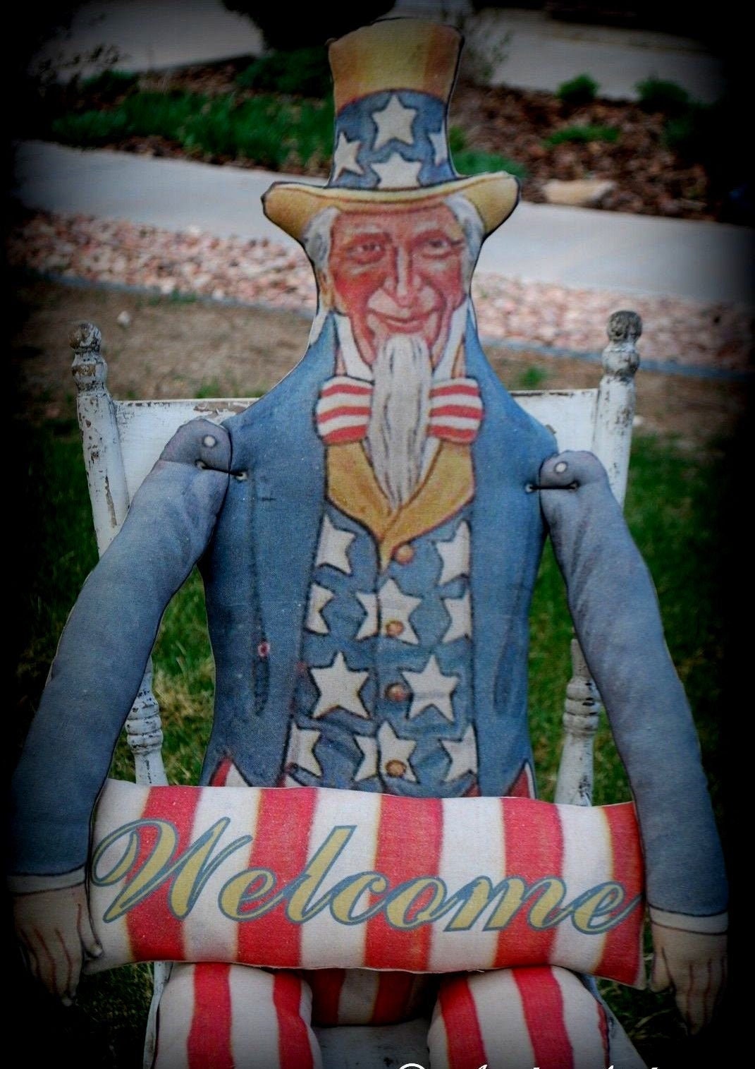 Huge American Flag Doll Life Size Porch Welcome Sitter Patriotic Uncle ...