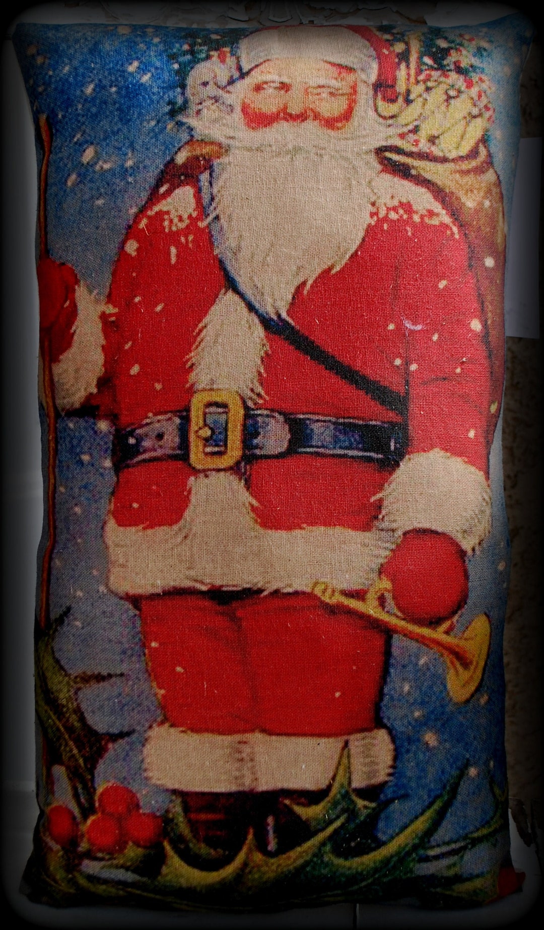 Bright Happy Merry Christmas Blue Sky Santa Claus With Horn and Staff ...
