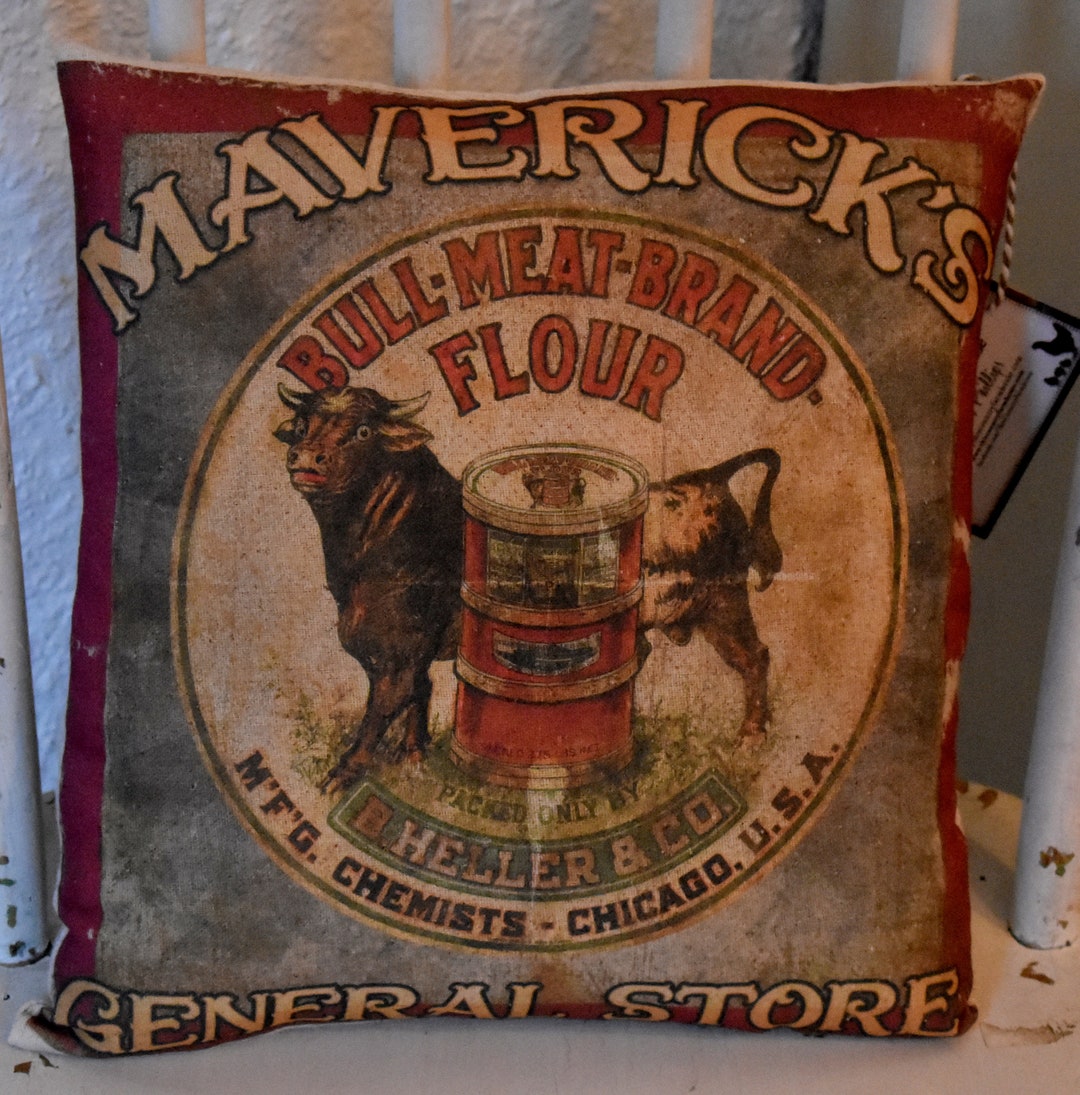 Maverick Bull Meat Brand General Store Flour Decorative Throw Pillow ...
