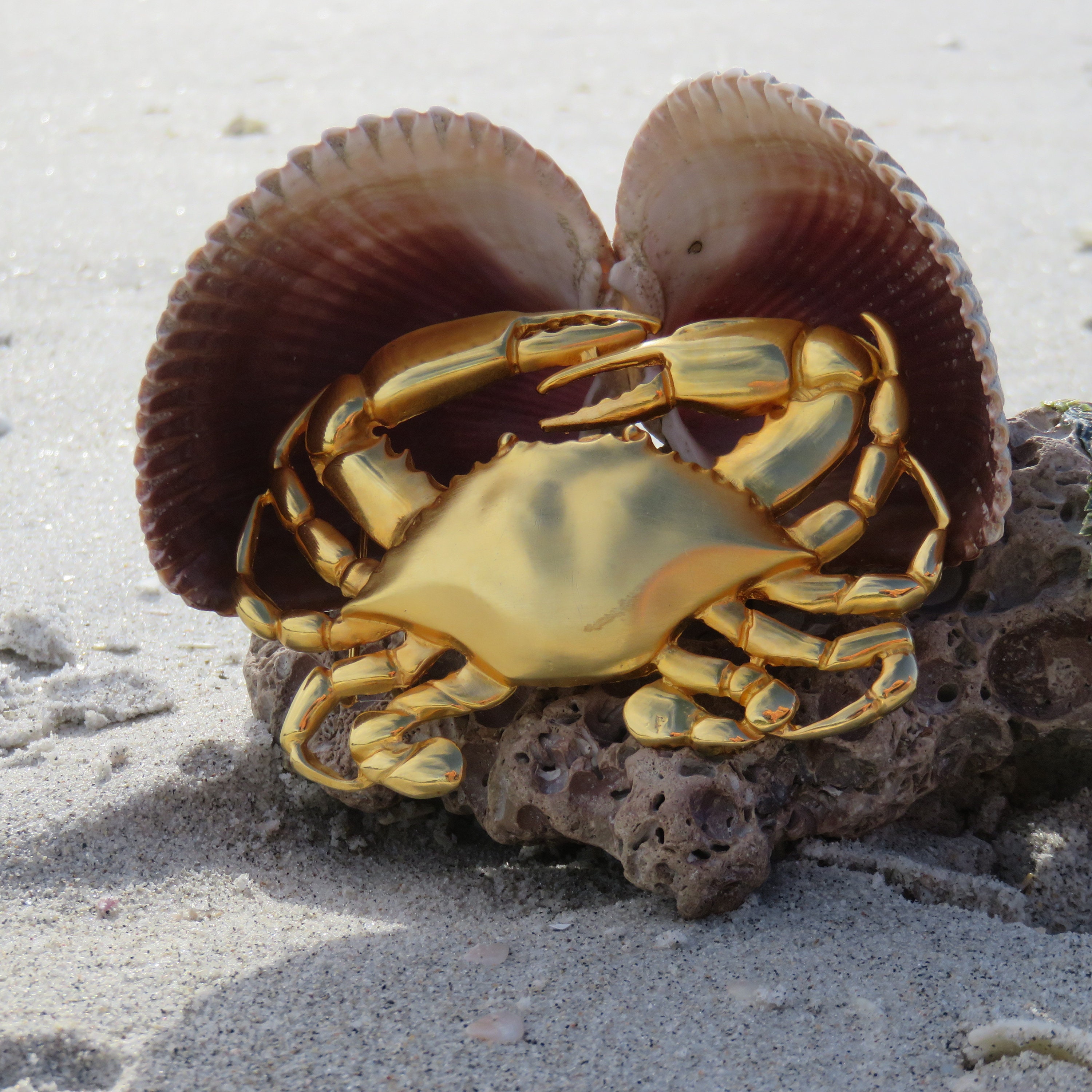 Handcrafted Brushed Gold Tone Crab on Beach Rock With Cockle Shell OOAK ...