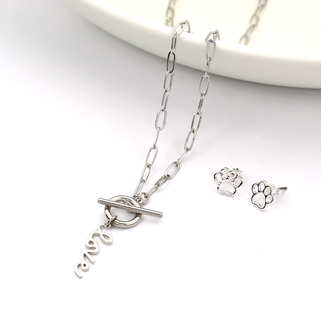 15 Choker Clip Chain Love Charm Toggle Collar & Paw Stud Arete Set para ...