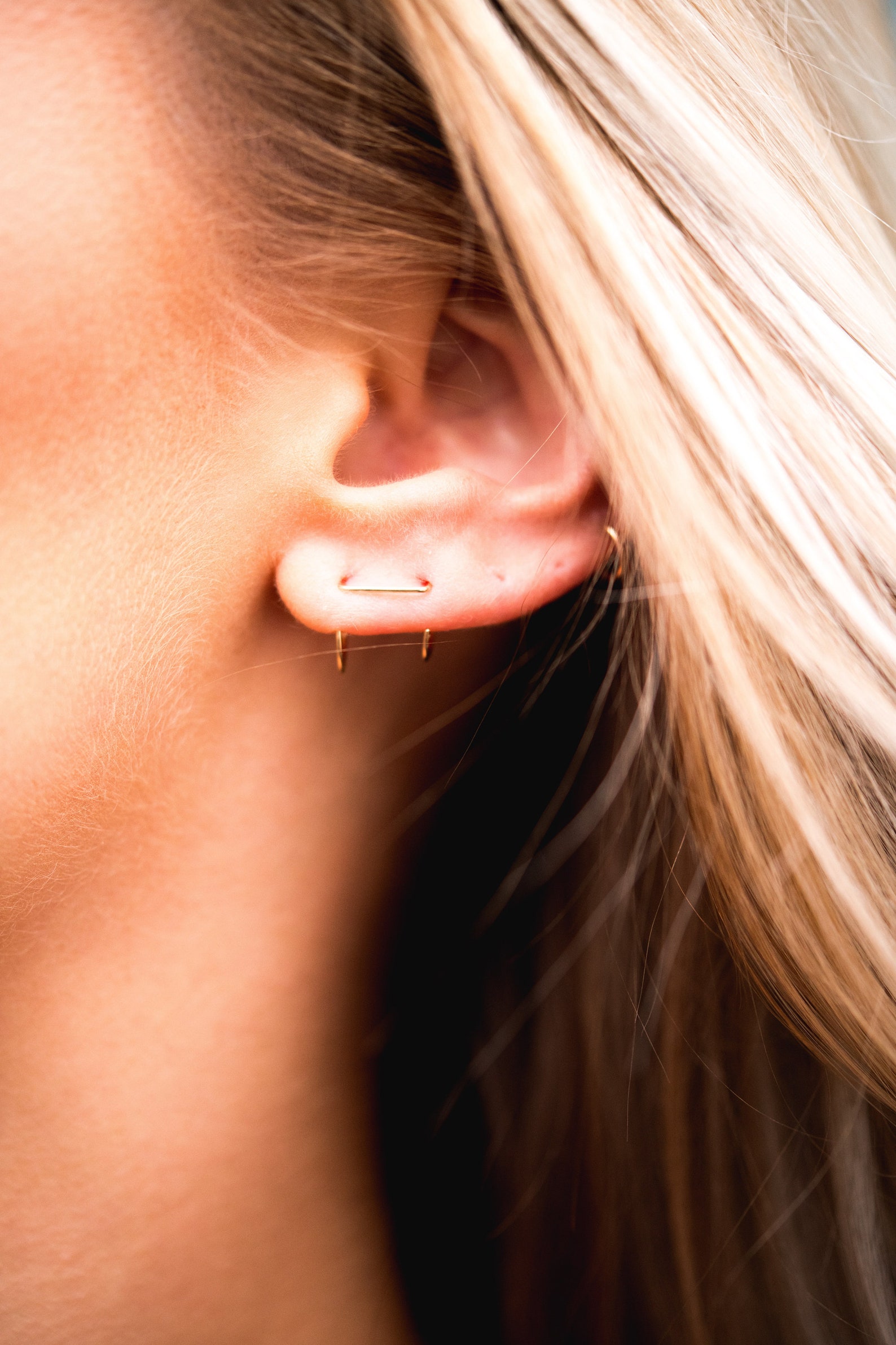 Double Half Hoop Lobe Hugger Double Piercing Earrings W/ Bar / - Etsy