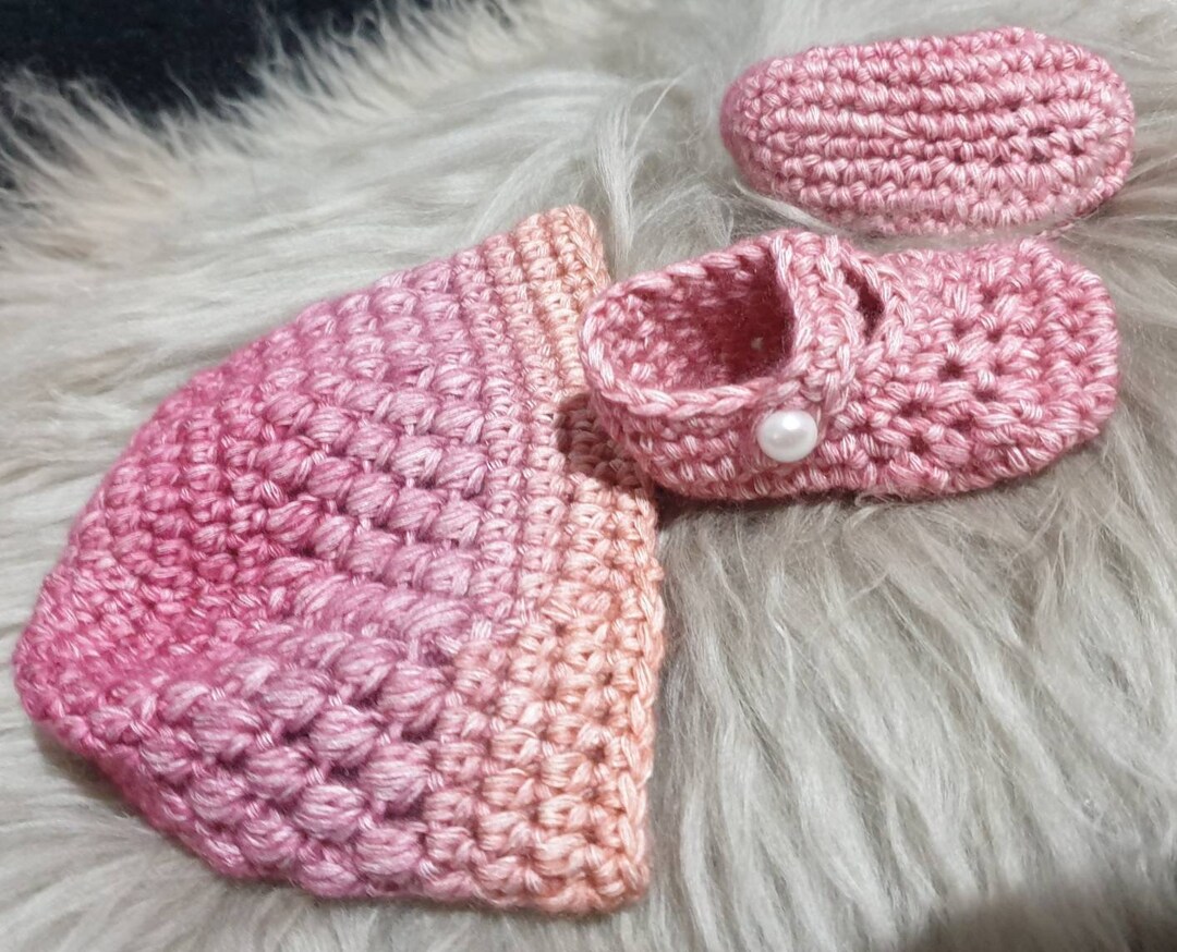 Hand Crocheted, Pink Baby Set With a Pair of Booties With Cream Pearl ...