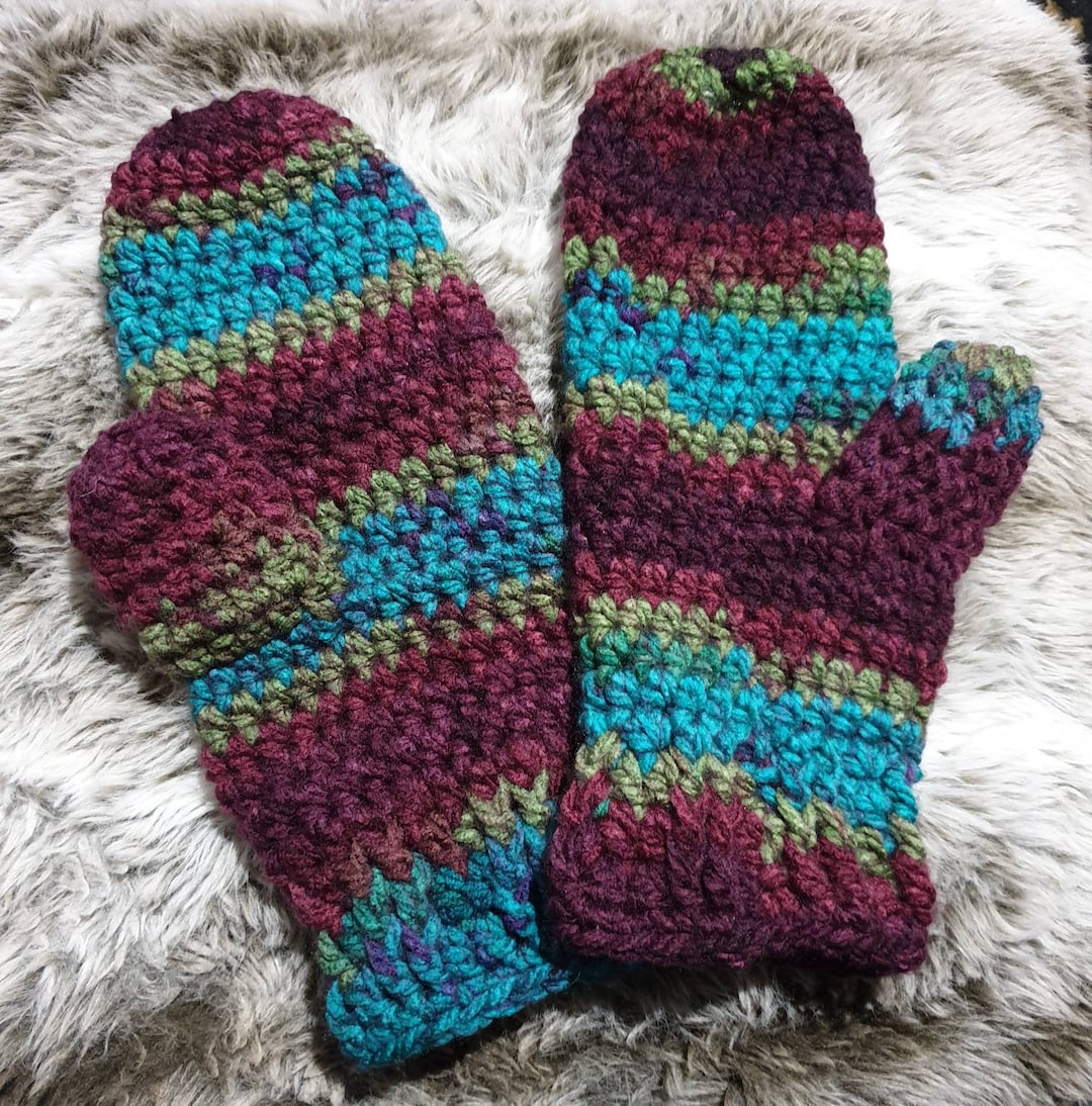 XL unisex adult mittens in easy care acrylic in blue, gree and burgun ...