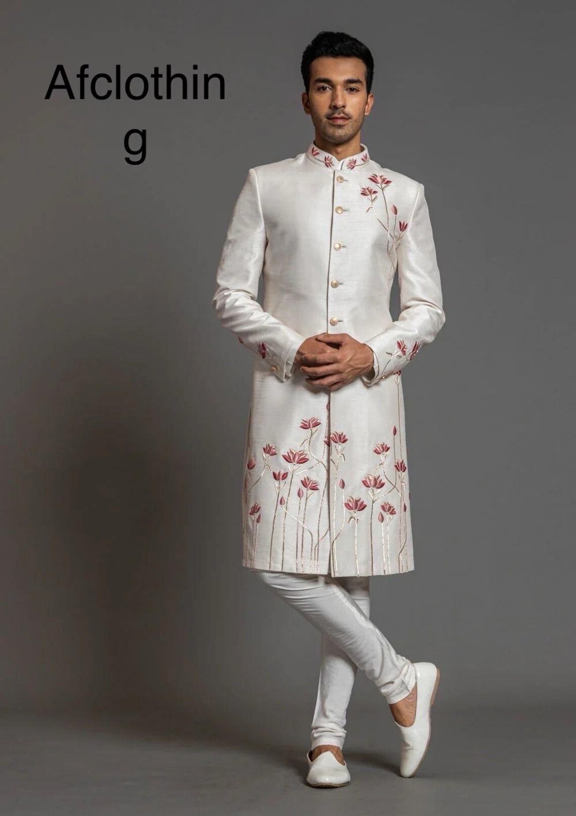Off White Floral Embroidered Wedding Sherwani for Men: Groom Outfit ...