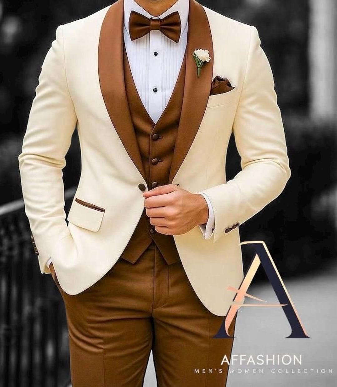 Men's Cream Brown Tuxedo Suit – 2 Piece Slim Fit Formal Wedding Prom ...