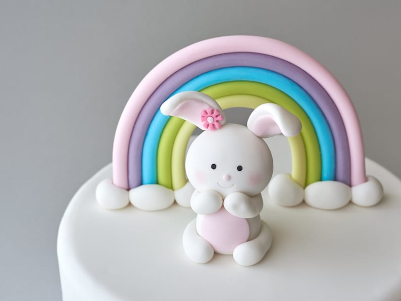 Cute 4 White Bunny and Rainbow 3D Fondant Cake Topper - Etsy