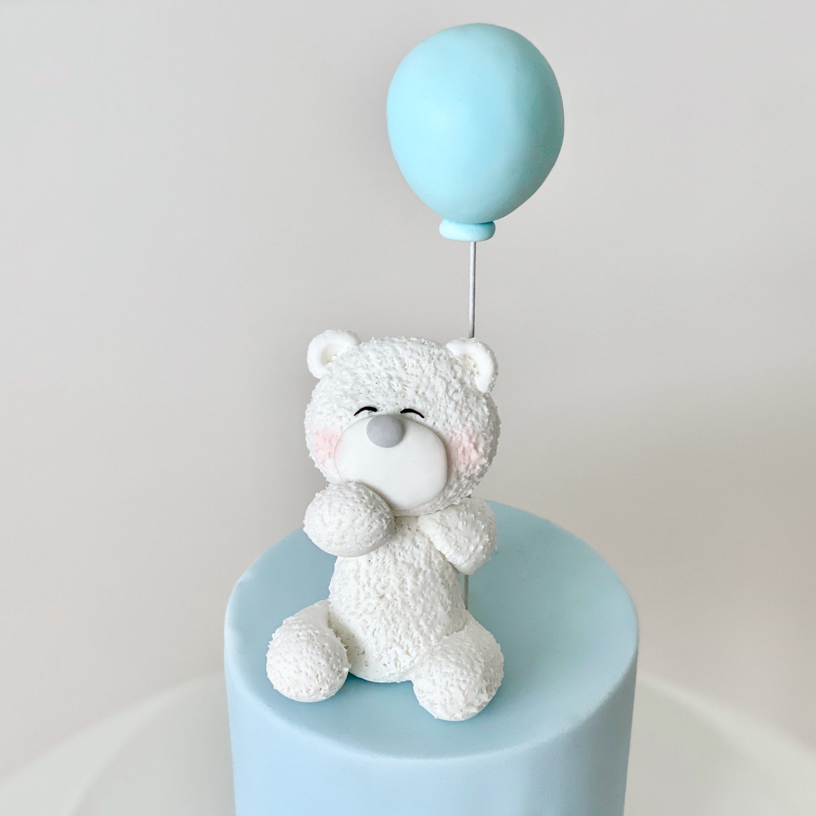 Cute Fondant White Teddy Bear & Pastel Blue Balloon Cake Topper, Baby ...