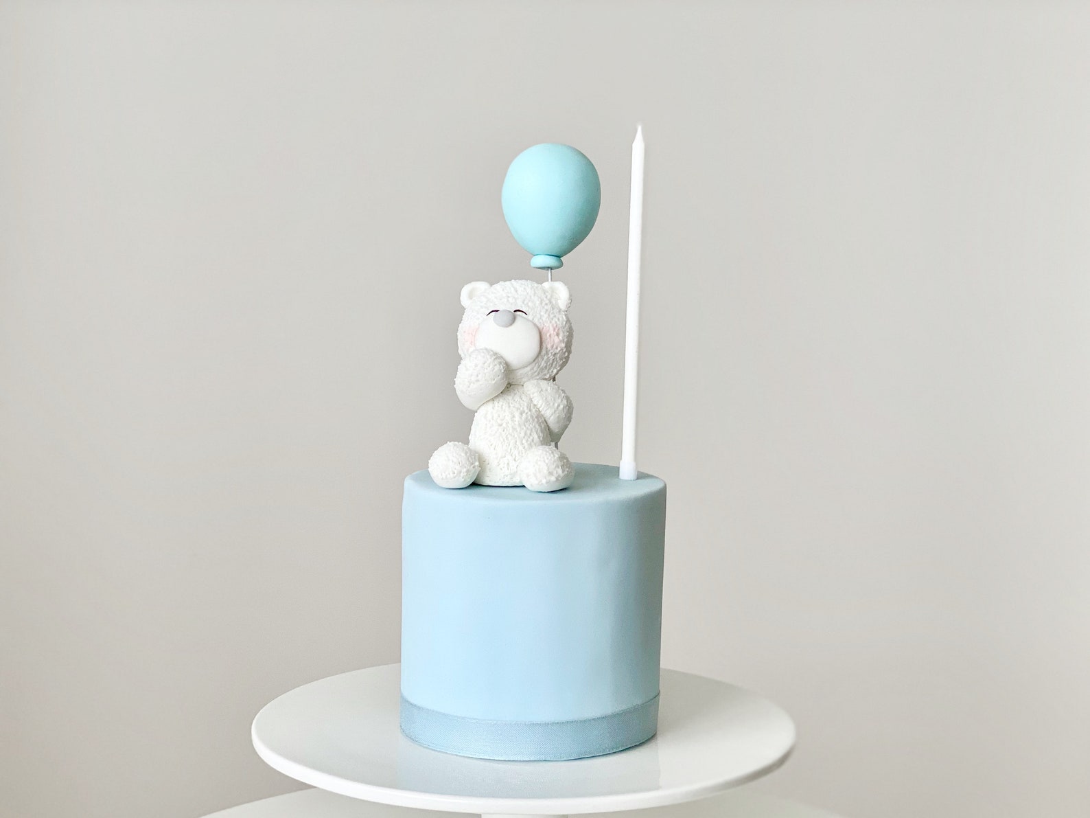 Cute Fondant White Teddy Bear & Pastel Blue Balloon Cake Topper, Baby ...