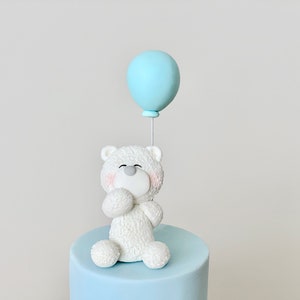 Cute Fondant White Teddy Bear & Pastel Blue Balloon Cake Topper, Baby ...