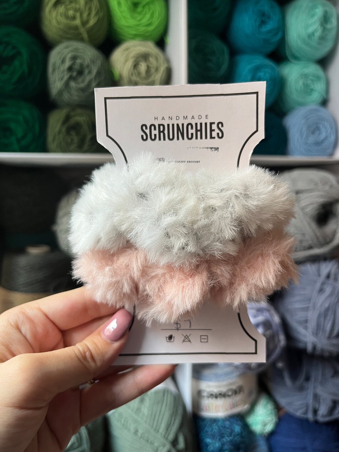 Set of 2 Pink and White Crochet Fluffy Scrunchies, Faux Fur Scrunchie ...