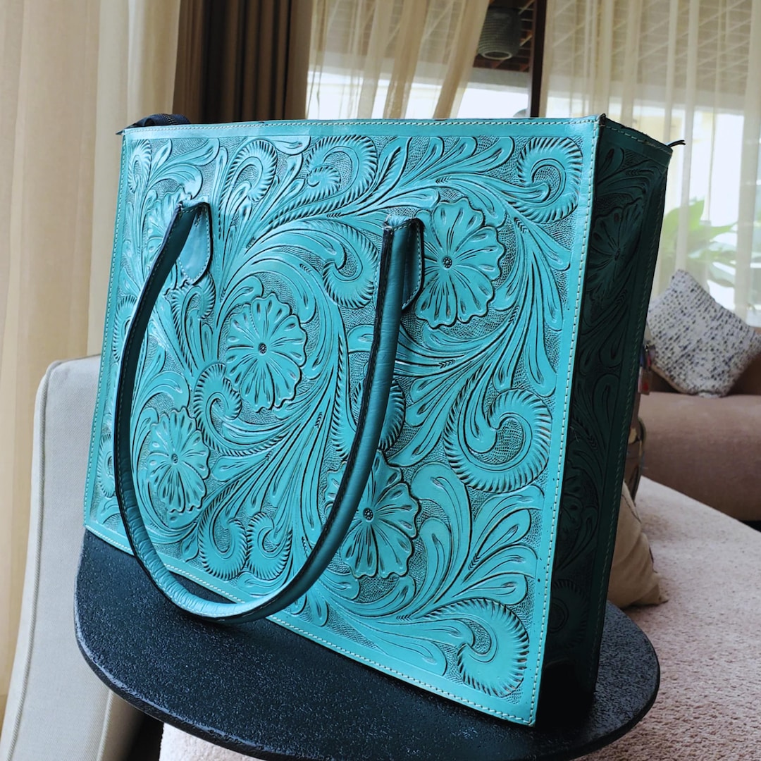 Hand Tooled Turquoise Bag Floral Western Purse Turquoise Carved Leather ...