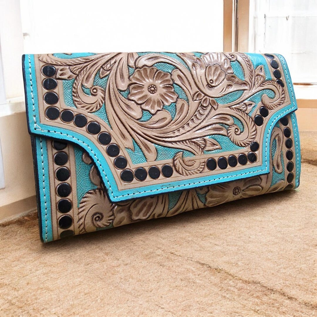 Tooled Western Wallet, Turquoise / Pink Southwestern Clutch, Hair on ...