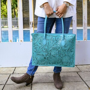 Hand Tooled Turquoise Bag Floral Western Purse Turquoise Carved Leather ...