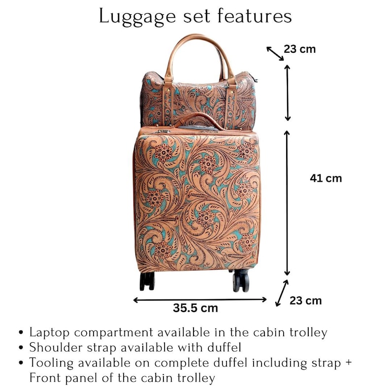 Tooled Turquoise Leather Travel Suitcase, Artisan Leather Rolling Carry ...