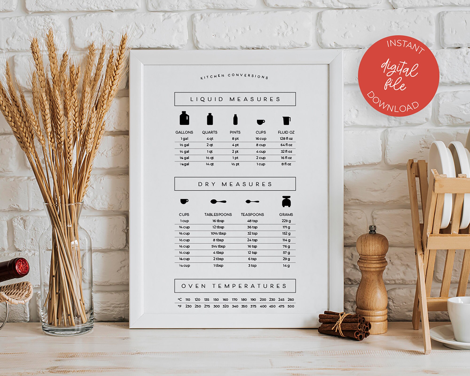 Kitchen Conversion Chart, Printable Wall Art, Cooking Measurement Guide ...