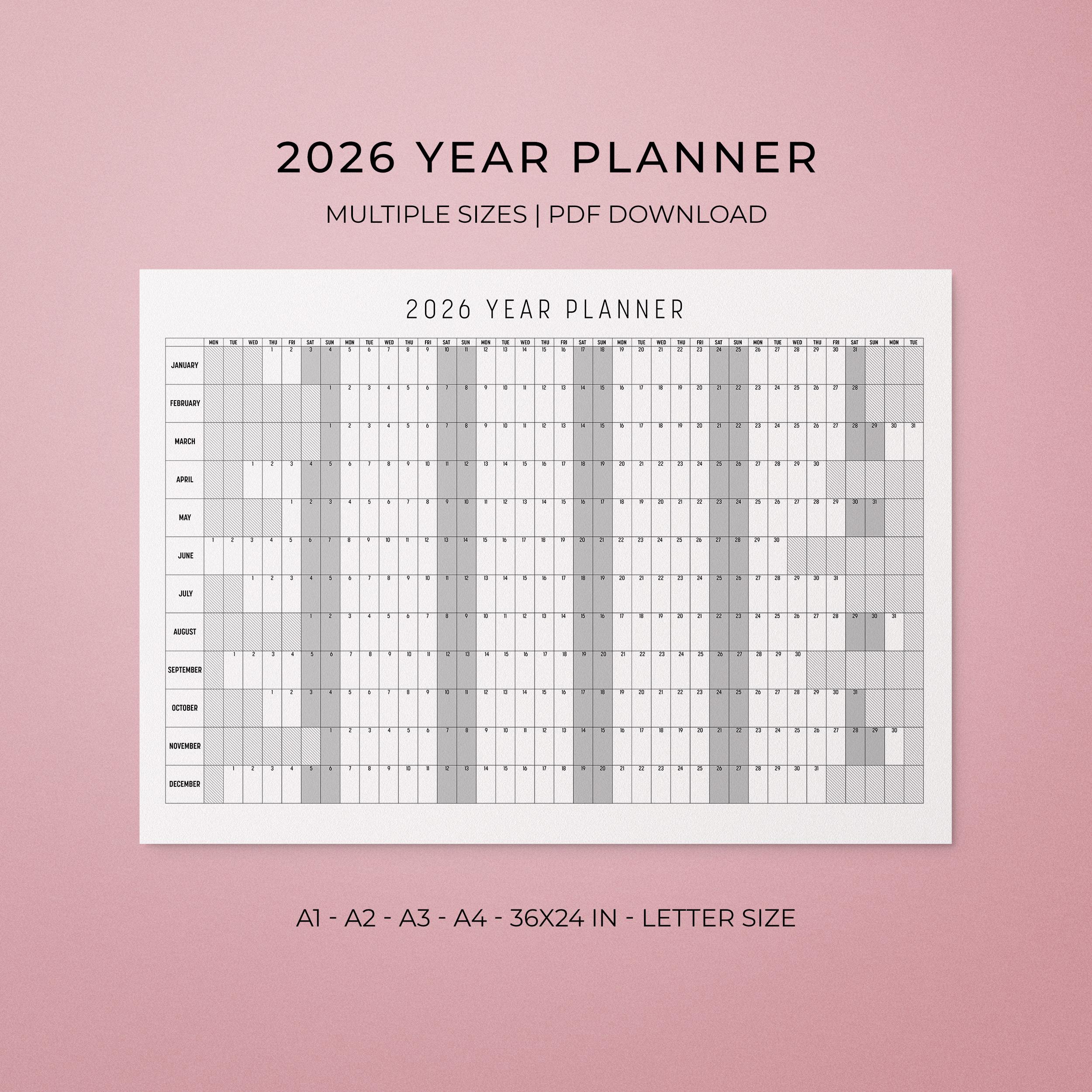 2026 Wall Planner Printable, Large Yearly Calendar Poster, Black ...