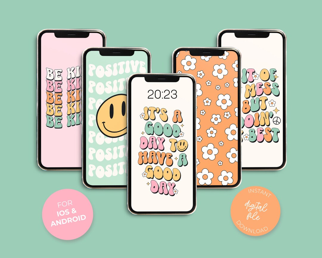 Groovy Retro Phone Wallpaper Set – Smiley Face, Floral (digital ...