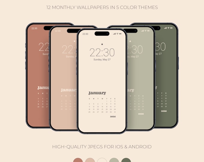 2026 Calendar Phone Wallpaper Set, Cozy Lock Screen in 5 Color Themes ...