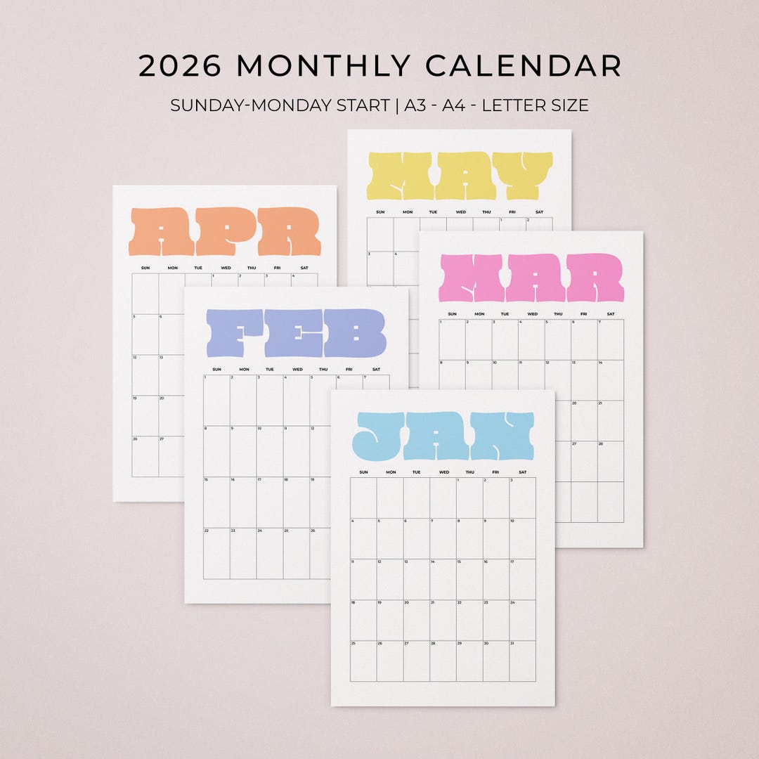 Monthly Calendar 2026 - A3/a4/letter Sizes - Portrait Layout (PDF ...