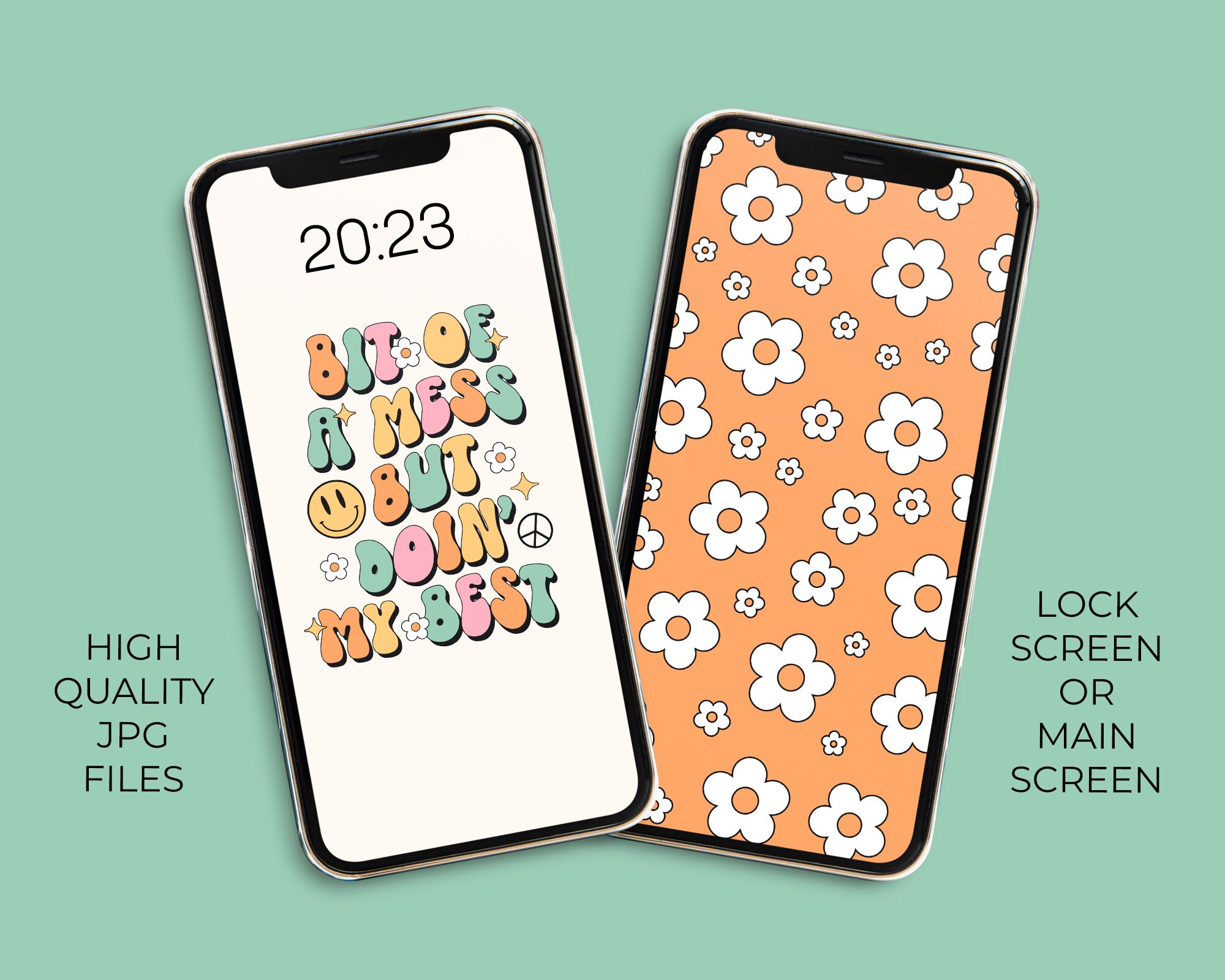 Groovy Retro Phone Wallpaper Set – Smiley Face, Floral (digital ...