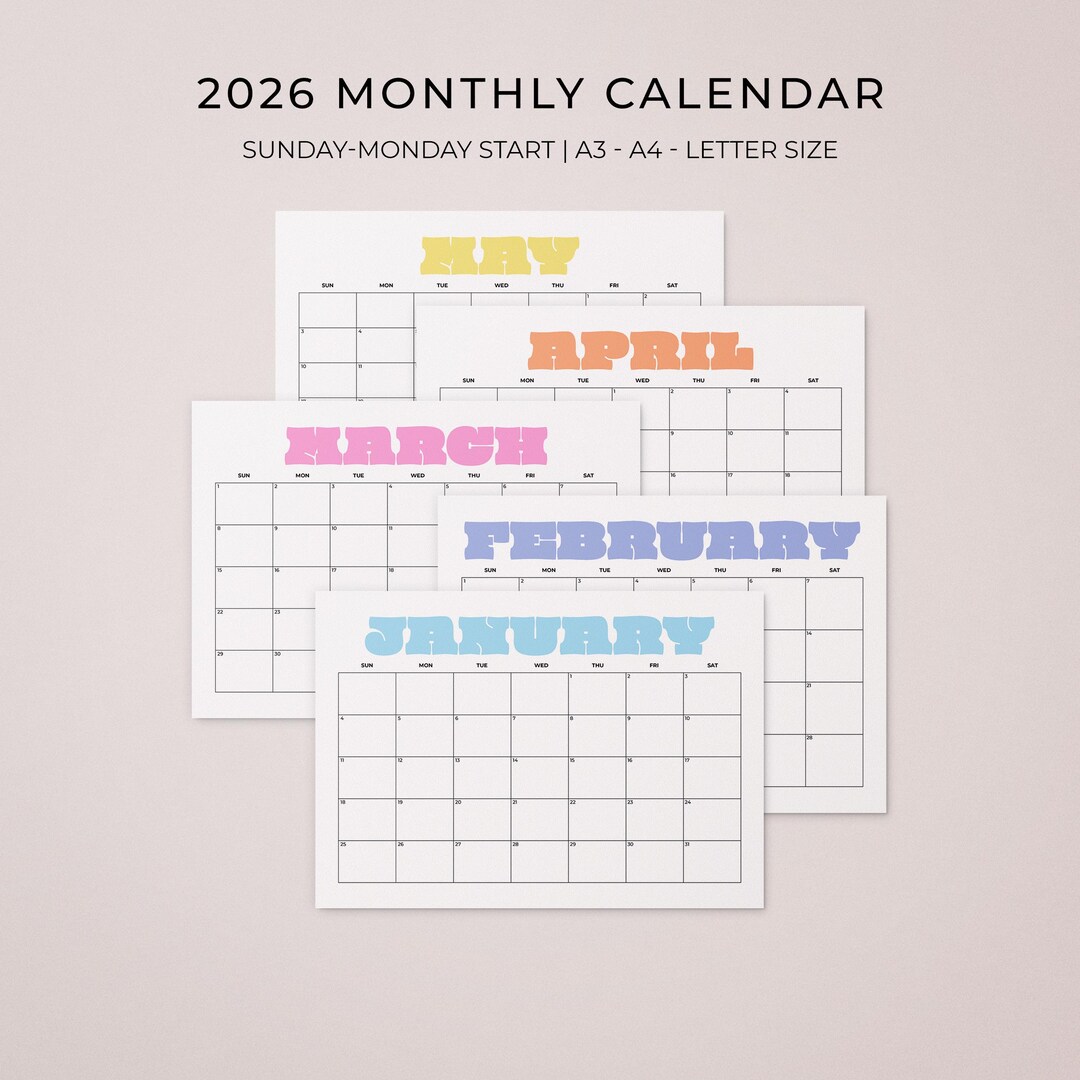 Monthly Calendar 2026 - A3/a4/letter Sizes - Landscape (PDF Download ...