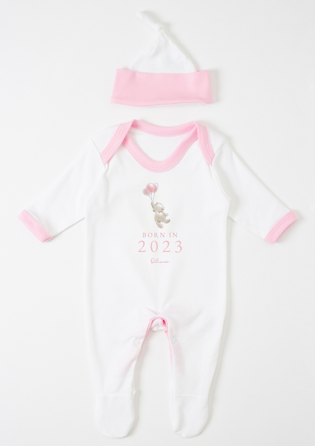 Personalised Born in Baby Grow Pink Baby Grow Pink Baby Bear and ...