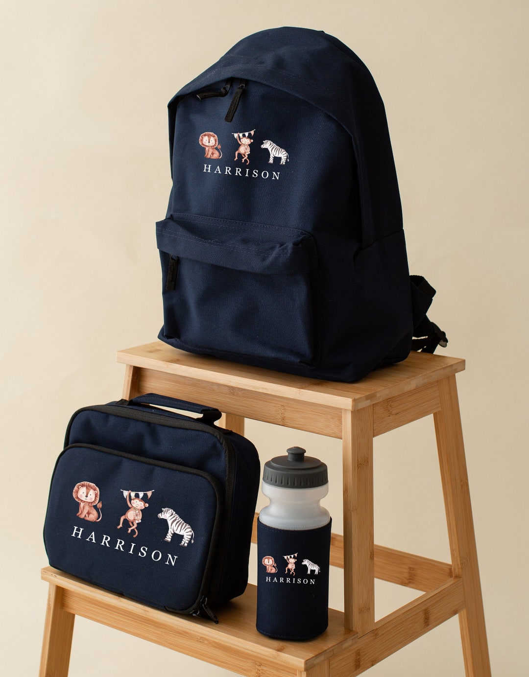 Personalised Safari Animals Name Backpack Set, Water Bottle - Rucksack ...