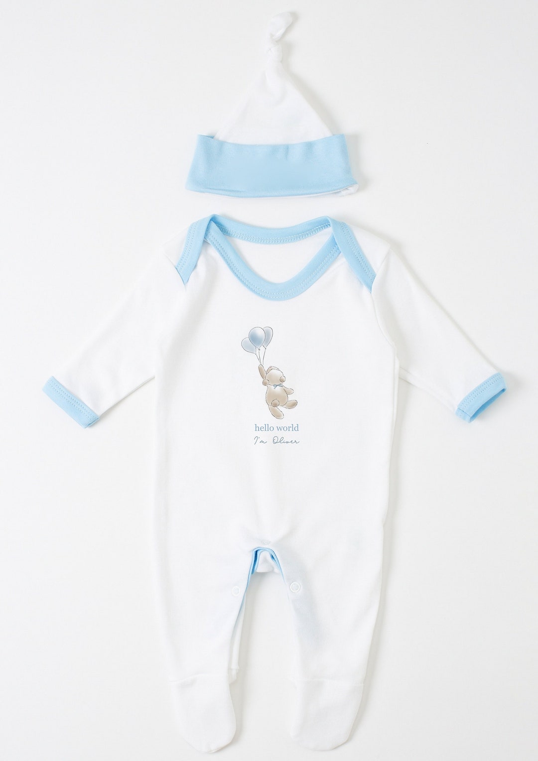 Personalised Hello Word Baby Grow Blue Baby Grow Blue Hello World Bear ...