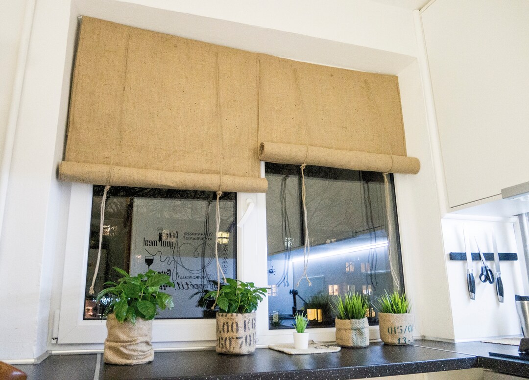 Persiana enrollable de arpillera clásica personalizada con cuerdas ...