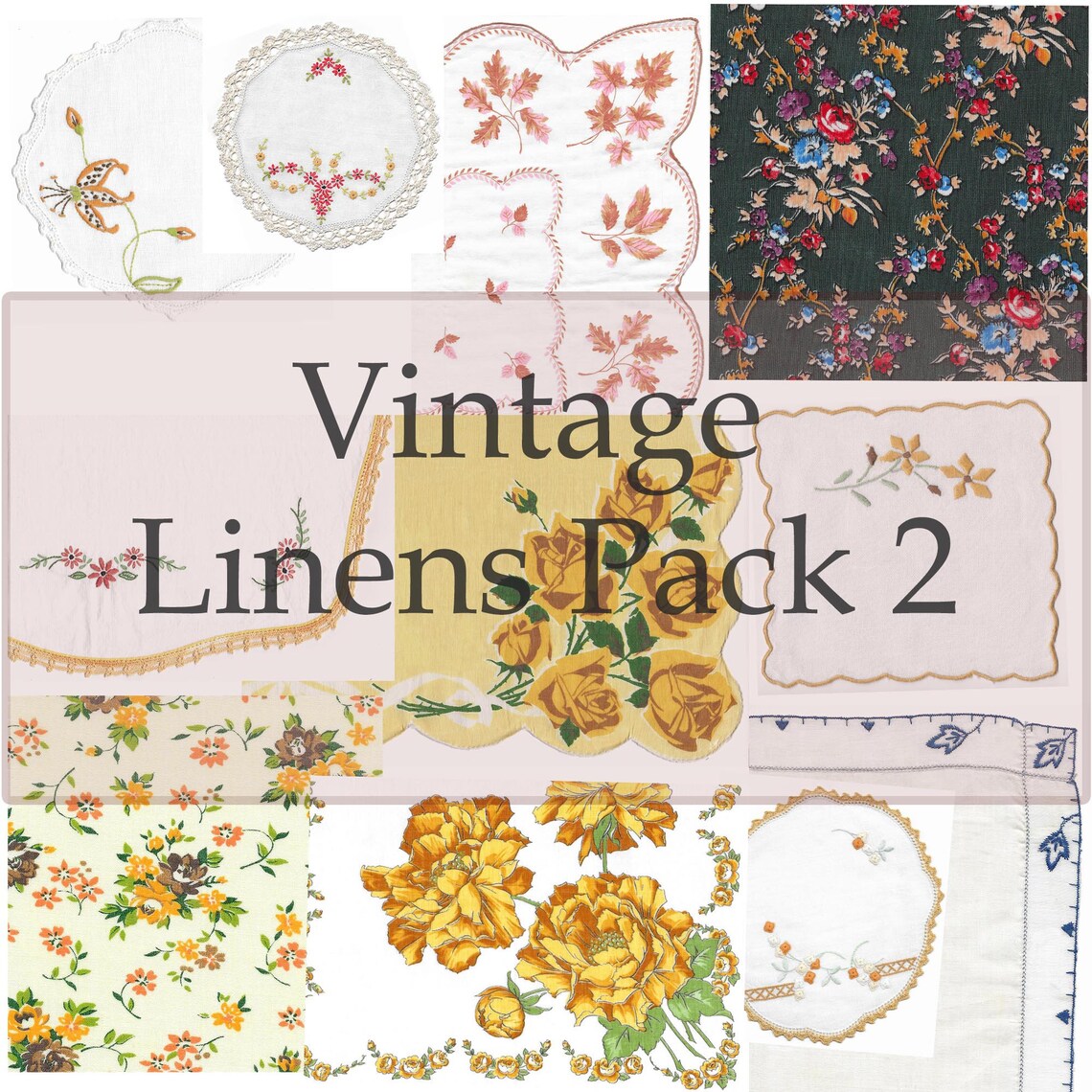 Digital Vintage Linens Pack 2 Printable Embroidered Linens Hankies ...