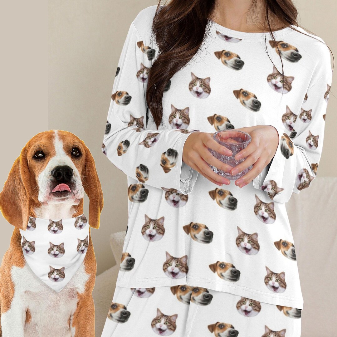 Custom Dog Cat Pajama Set Pants Matching Pet Bandana, Face on Pajamas ...