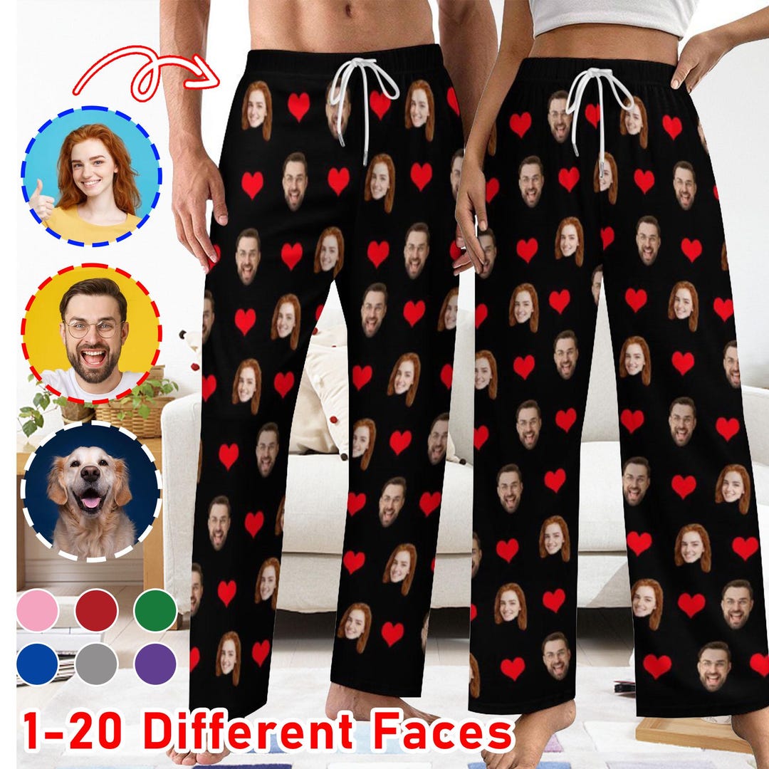Custom Face Pajama Pants With Heart, Faces on Pajamas, Women Pajama ...