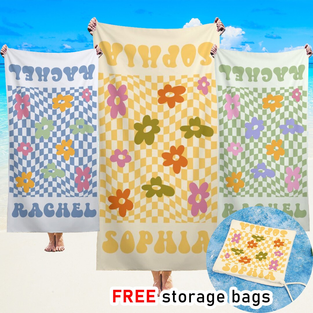 RETRO Beach Towel, Custom Name Bath Towel, Retro 70's Style Custom Name ...