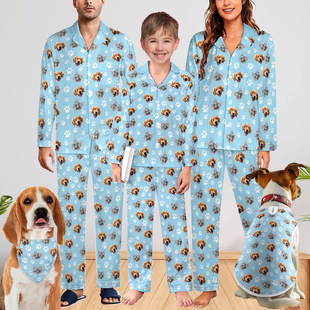 Custom Dog Paw Print Pajama Set Pants Matching Pet Vest Bandana, Face ...