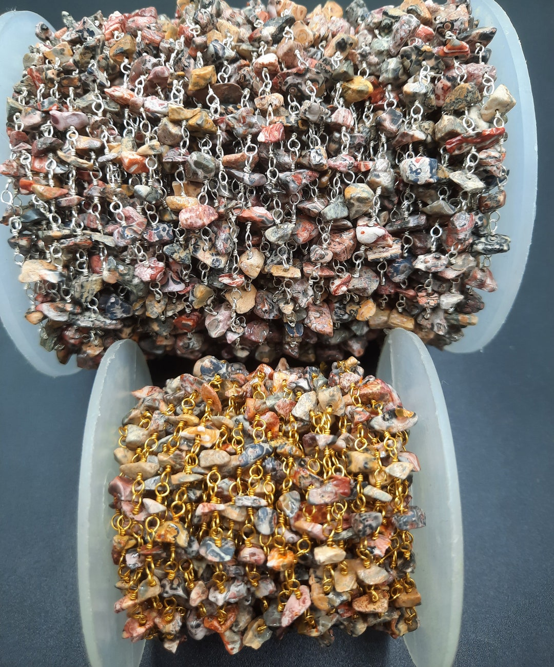 Leopard Skin Jasper Rosary Chain: Gold/silver Plated Wire, Uncut Chips ...