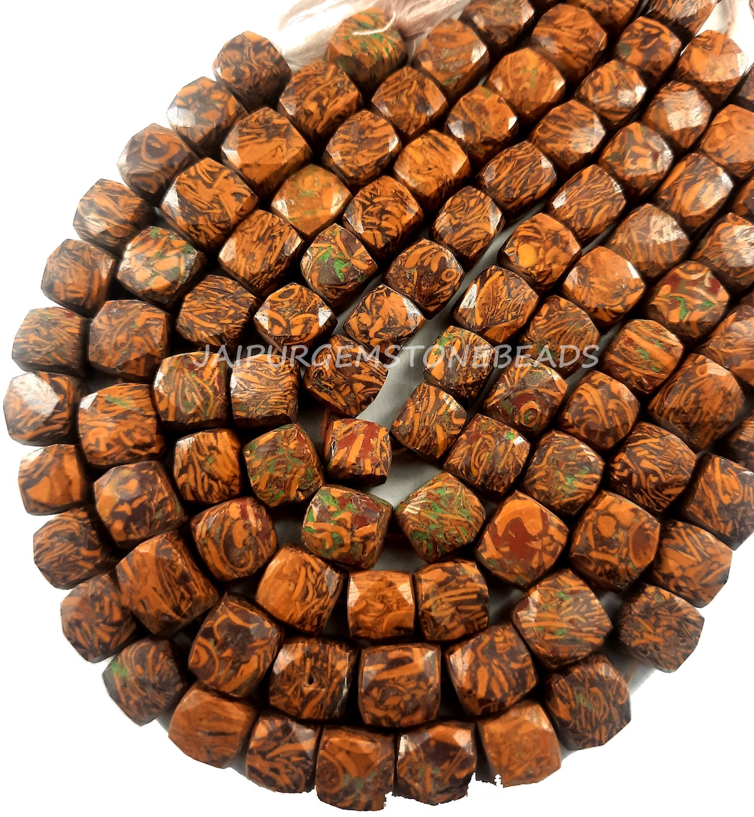 8" Strand Mariam Jasper 3D Cube Box Shape Gemstone Beads Calligraphy ...