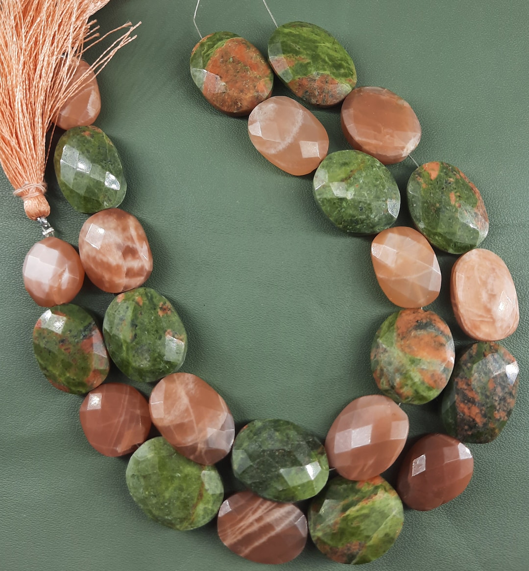 Faceted Unakite Jasper & Peach Moonstone Beads: Oval Gemstone Strand - Etsy