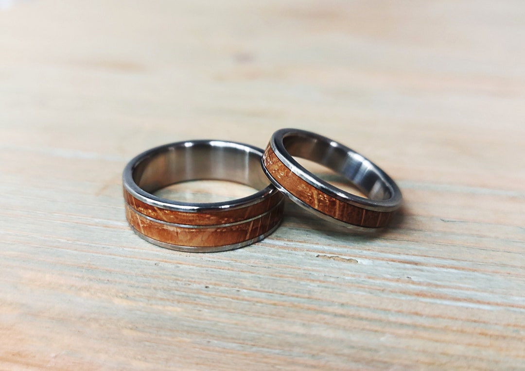 Whiskey Barrel Oak Wood Ring Set, Titanium Rings With Wooden Inlays ...