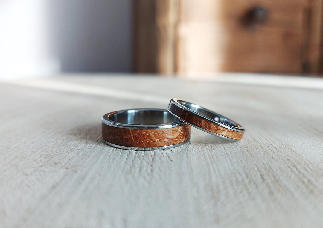 Whiskey Barrel Oak Wood Ring Set, Stainless Steel Rings With Wooden ...