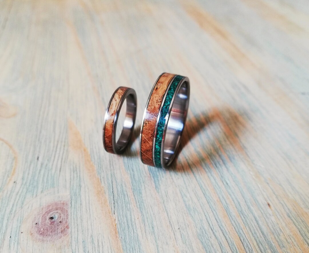 Stainless Steel Rings With Whiskey Barrel Oak Wood and Malachite Inlays ...