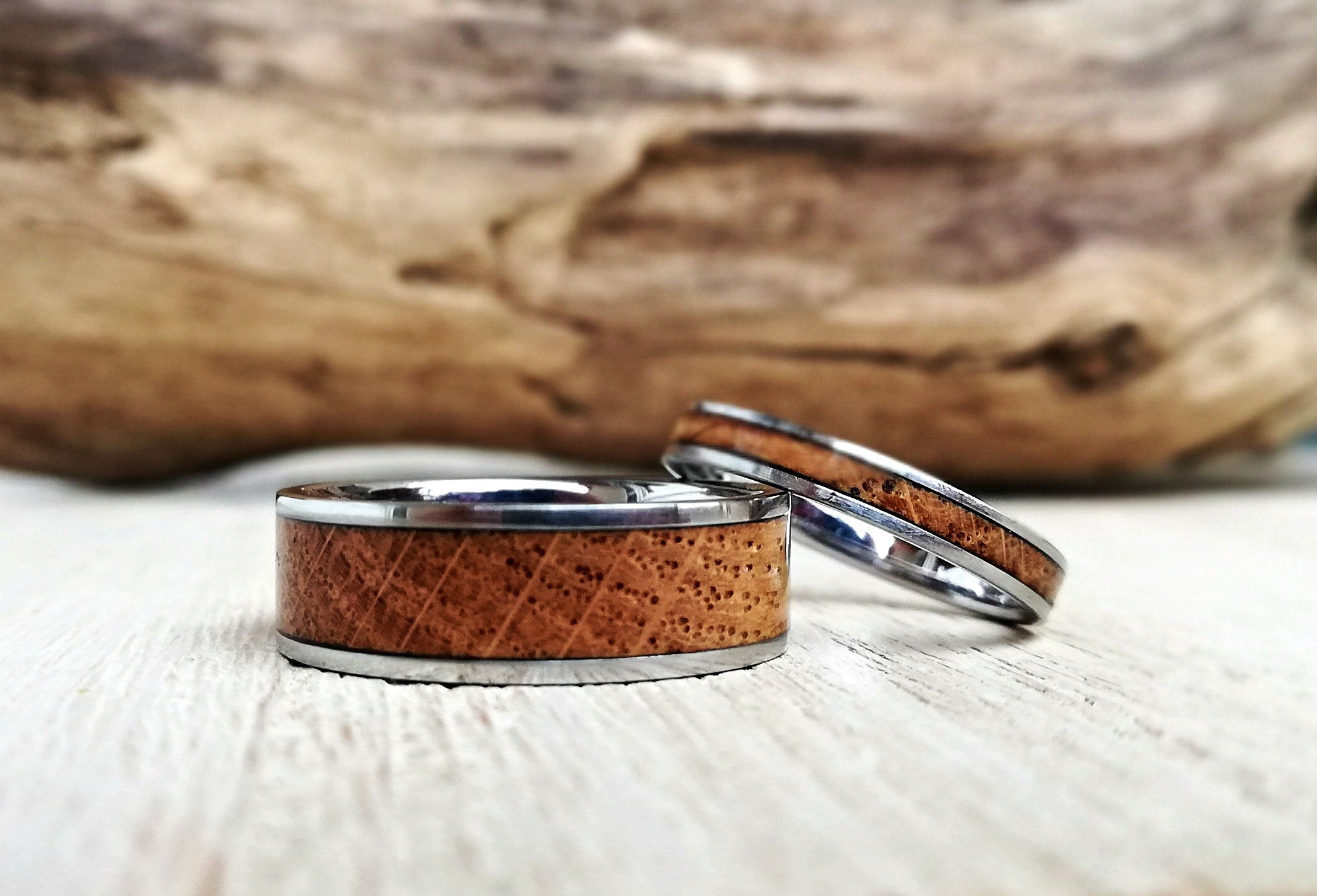 White Oak Wooden Ring Set Titanium Rings with Whiskey Barrel | Etsy