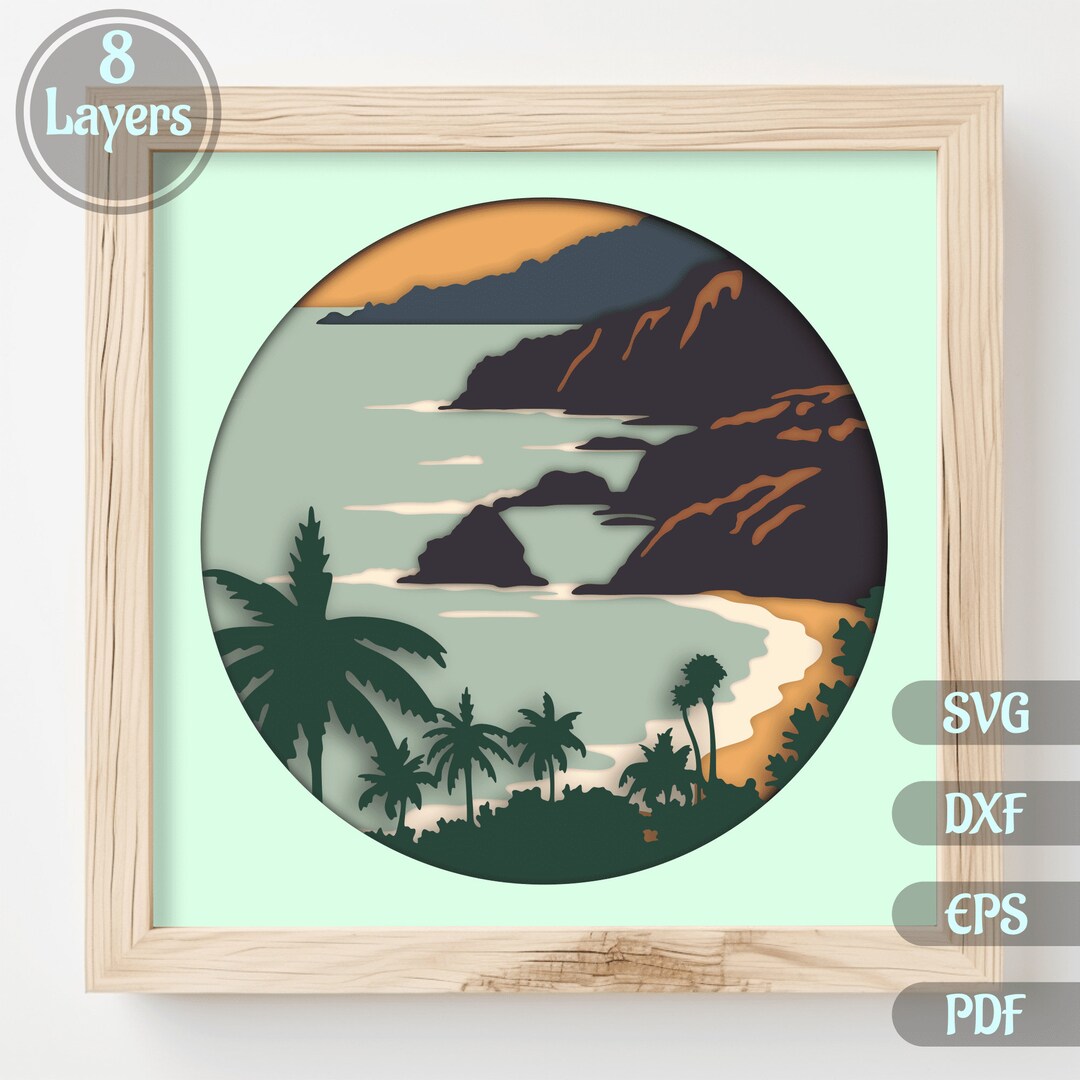 Layered Papercut Tropical Beach Svg, 3D Shadow Box, Sea 3d Layered Svg ...