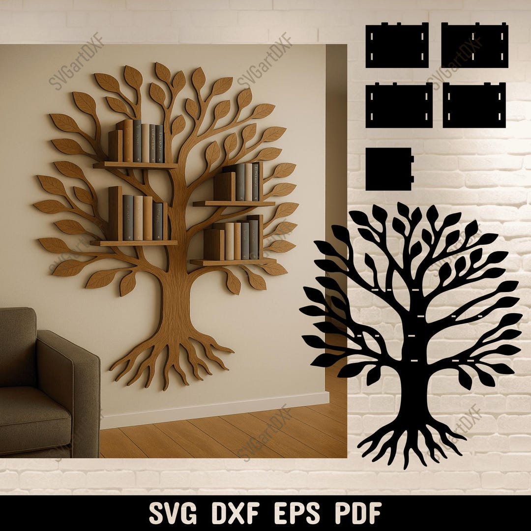 Tree Bookshelf SVG DXF, Laser Cut File for 6mm 1/4 Inch Plywood, Wall ...