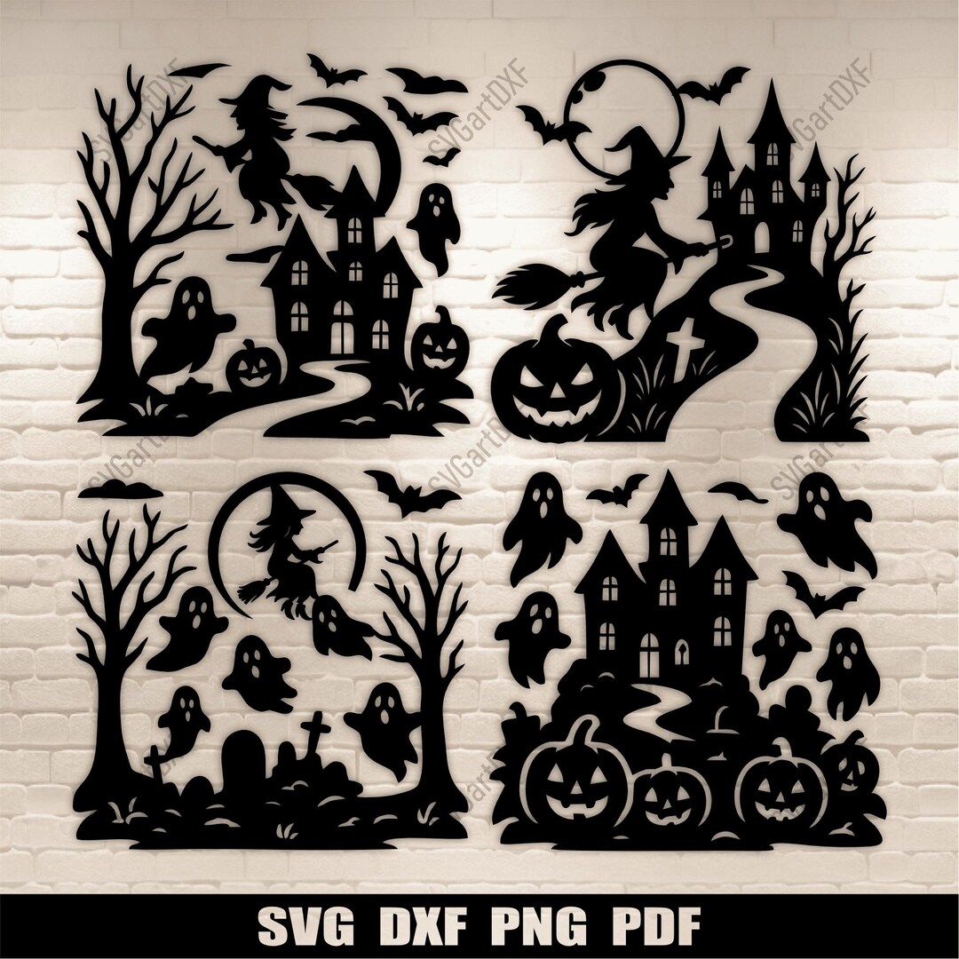 Halloween Scene SVG Bundle: Haunted Castle, Witch, Ghosts (digital ...