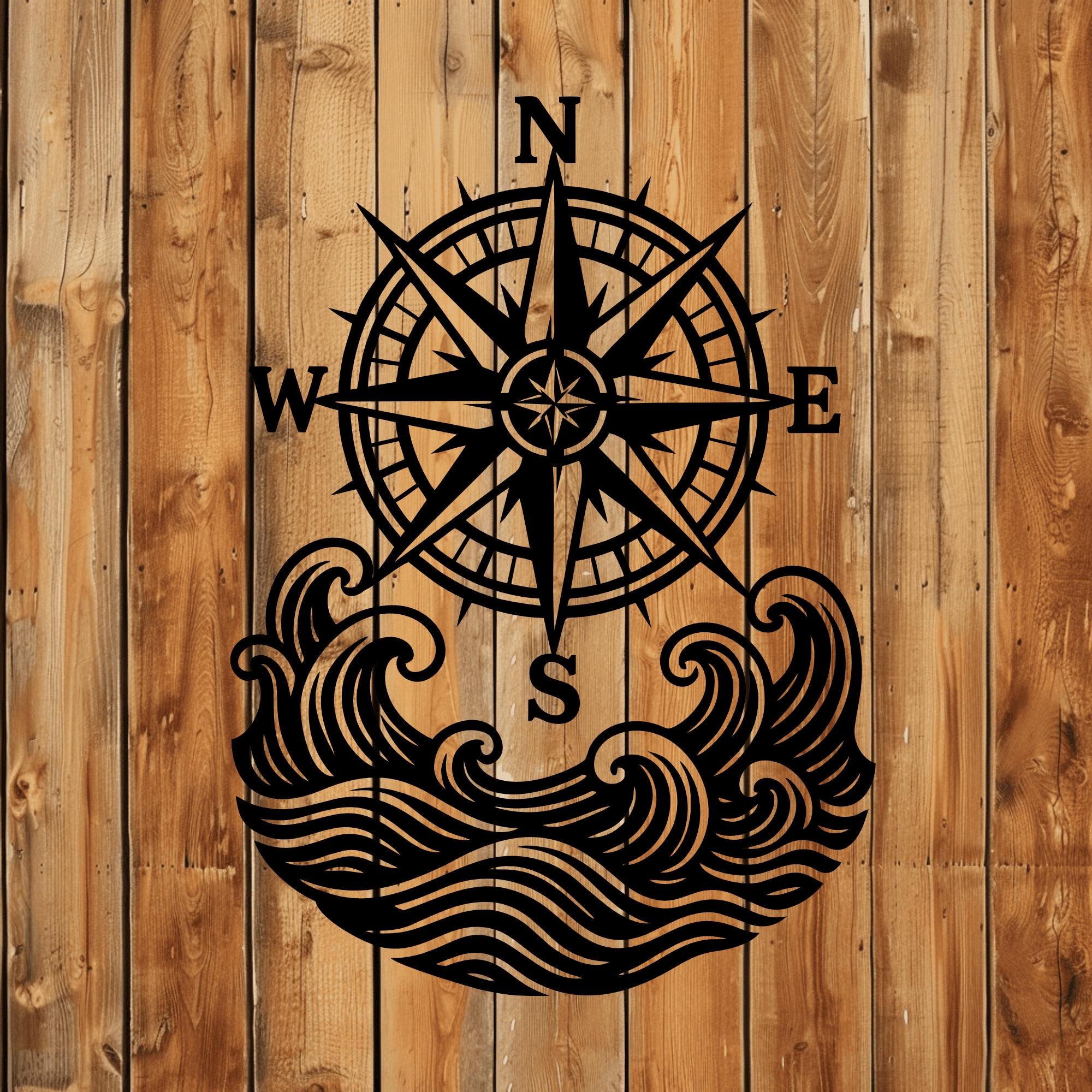 Compass Rose SVG DXF – Nautical Compass With Waves Cut File for Laser ...