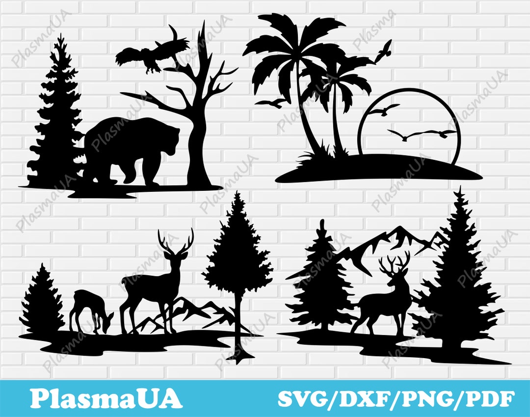 Wildlife Scene SVG, Deer Bear Silhouettes, CNC Laser & Plasma DXF Cut ...