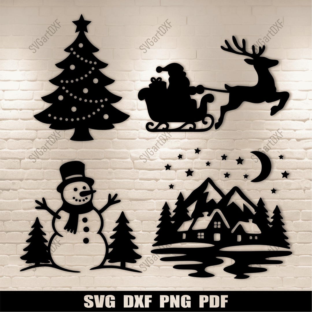 Christmas Silhouette SVG DXF Set – Santa Sleigh, Tree, Snowman and ...