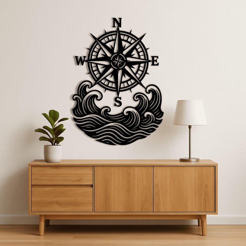 Compass Rose SVG DXF – Nautical Compass With Waves Cut File for Laser ...